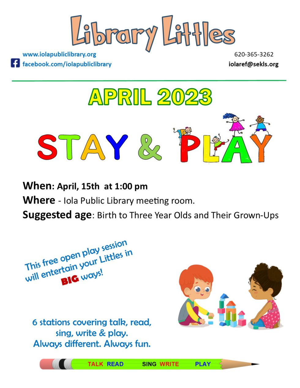 Library Littles April Stay & Play | Iola Public Library